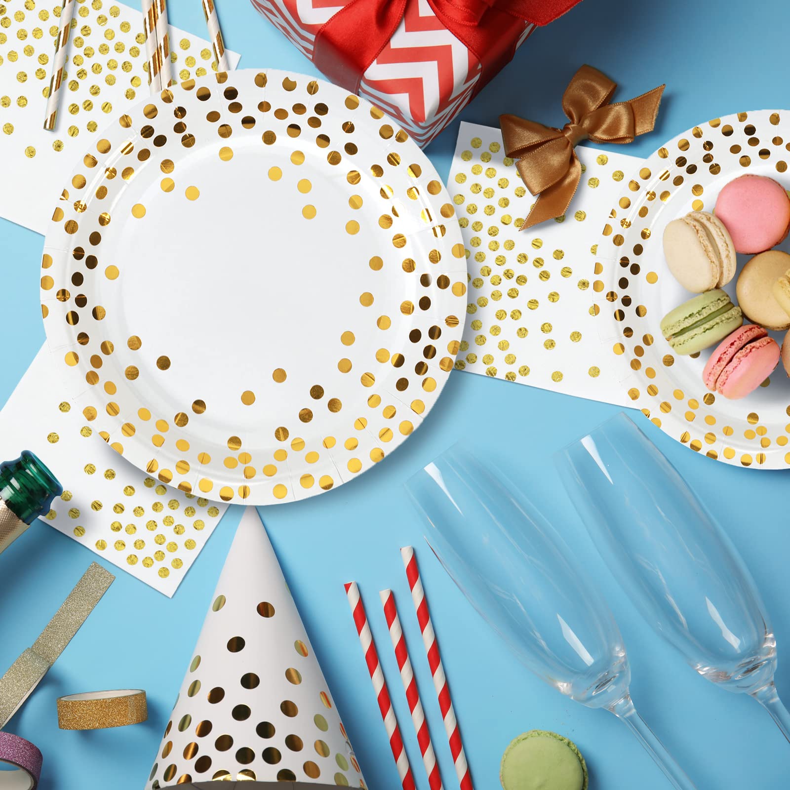 CENLBJ White and Gold Party Supplies,Disposable Party Dinnerware,Golden Dot Paper Plates,Napkins,Forks for Wedding,Birthday,Cocktail Party,Anniversaries,Engagements Serve 25