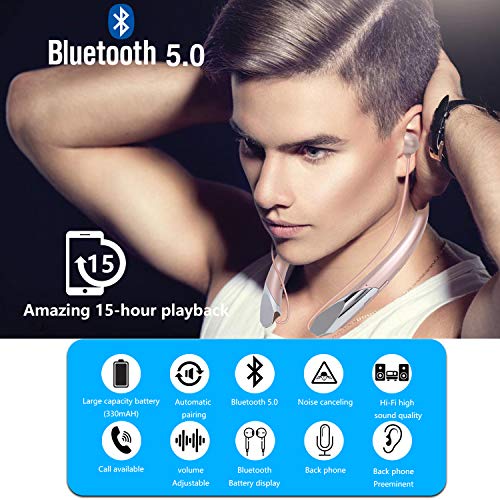 Bluetooth Neckband Headphones Retractable, Wireless Headset Retractable Earphones Noise Cancelling Sweatproof Stereo Earbuds with Mic by NVOPERANG