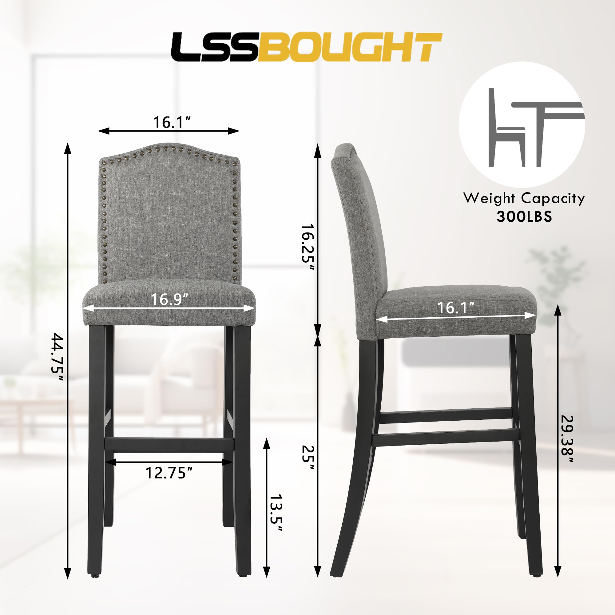 LSSBOUGHT Bar Stools Set of 2, 29 Inch Upholstered Fabric Barstool with Back Solid Wood Legs Nail Head, Bar Chairs for Home Kitchen Island Dinning Room, Grey
