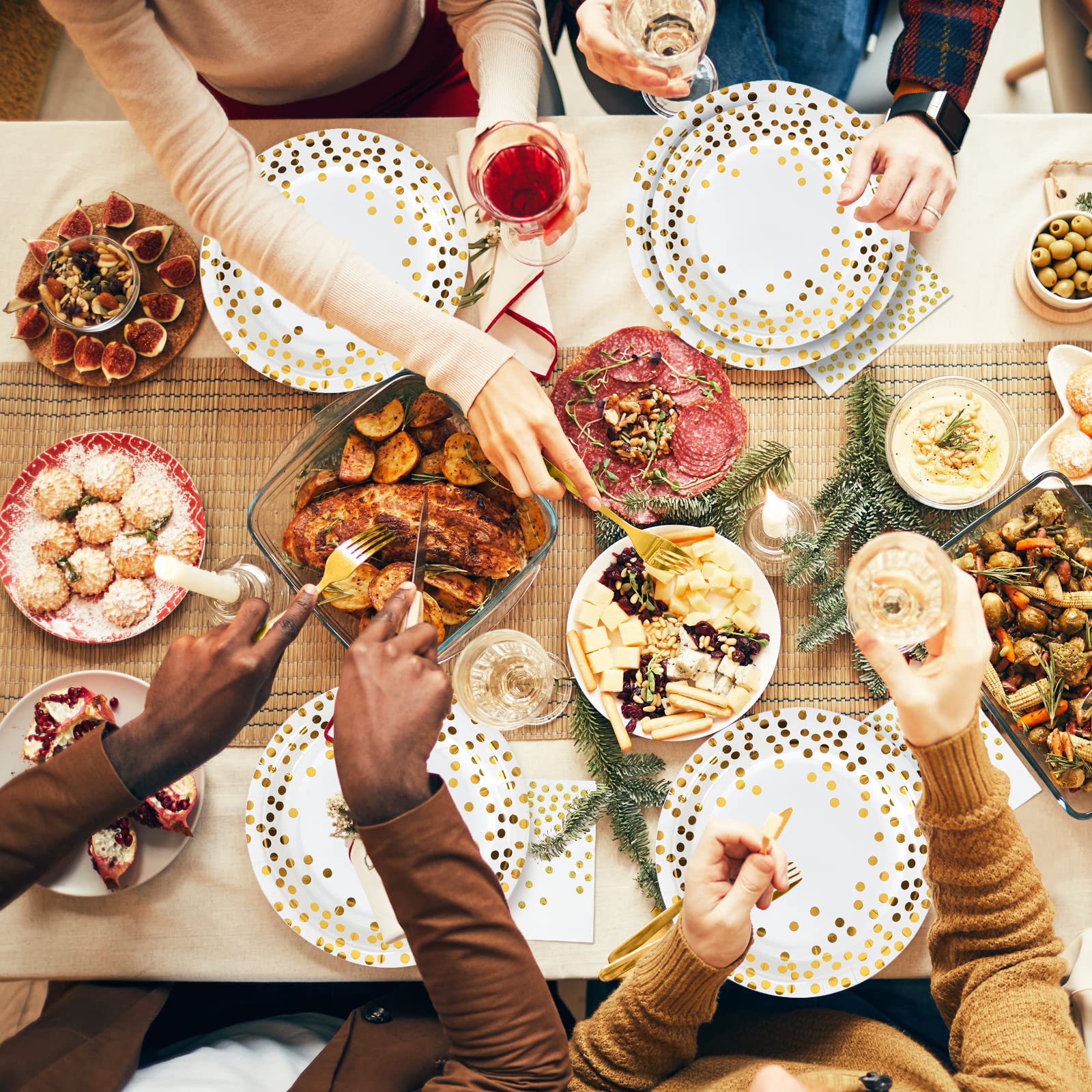 CENLBJ White and Gold Party Supplies,Disposable Party Dinnerware,Golden Dot Paper Plates,Napkins,Forks for Wedding,Birthday,Cocktail Party,Anniversaries,Engagements Serve 25