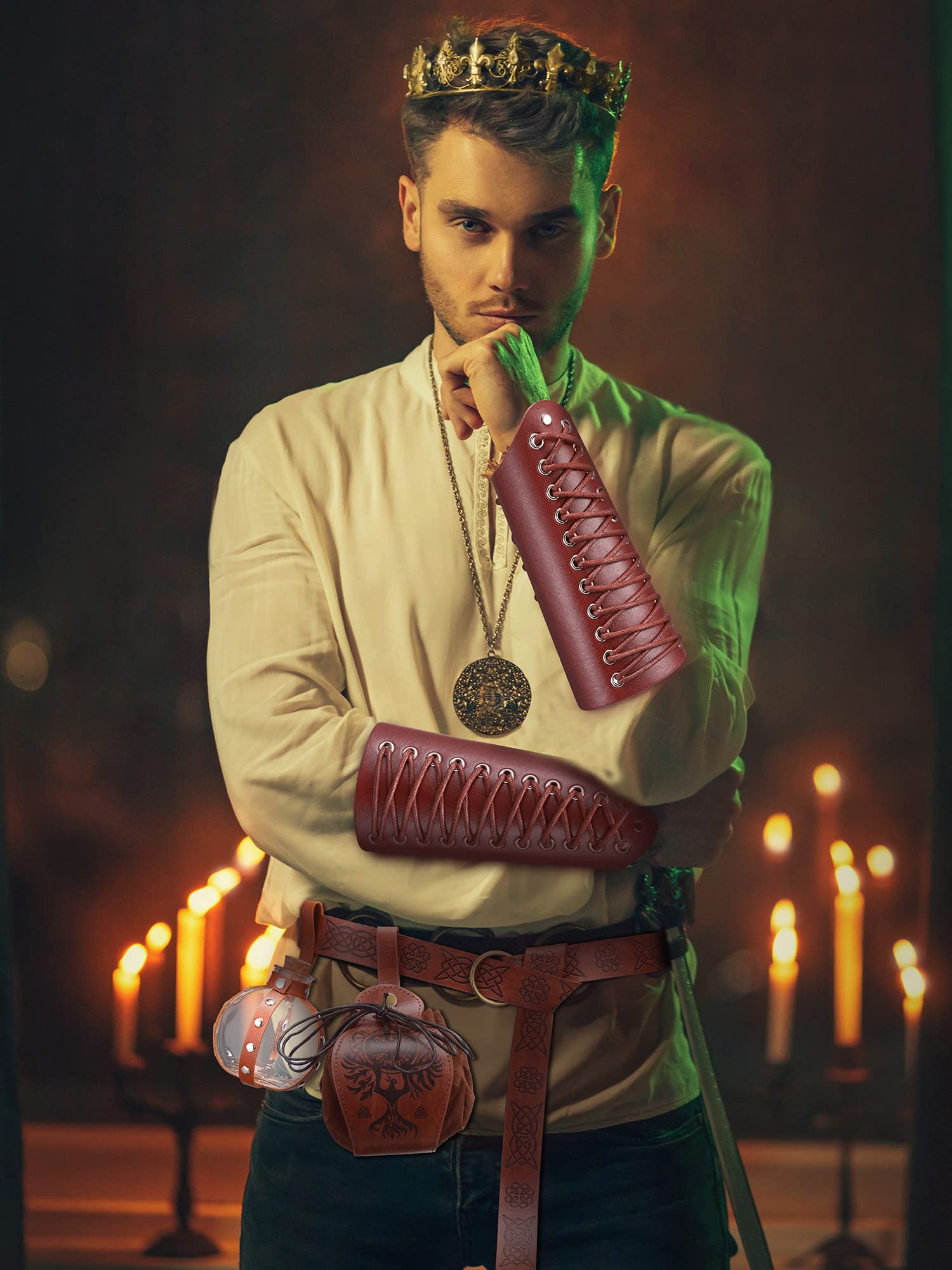 Medieval Faux Leather Set Adults Faux Leather Arm Guards Drawstring Faux Leather Pouch Halloween Dark Magic Cork Potion Bottle Knight Leather Belt Brown