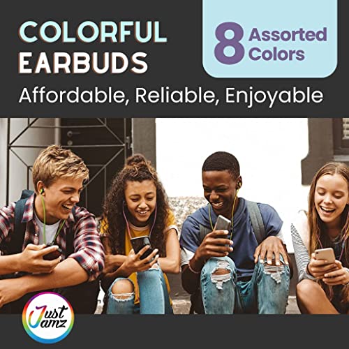 JustJamz Earbuds Bulk Bits, 30 Pack | Multicolored Earbuds Pack, in-Ear 3.5mm Stereo in-Ear Earphones, Ear Buds Bulk, Disposable Headphones, Multi-Color Earphones | School, Kids, Classroom, Library