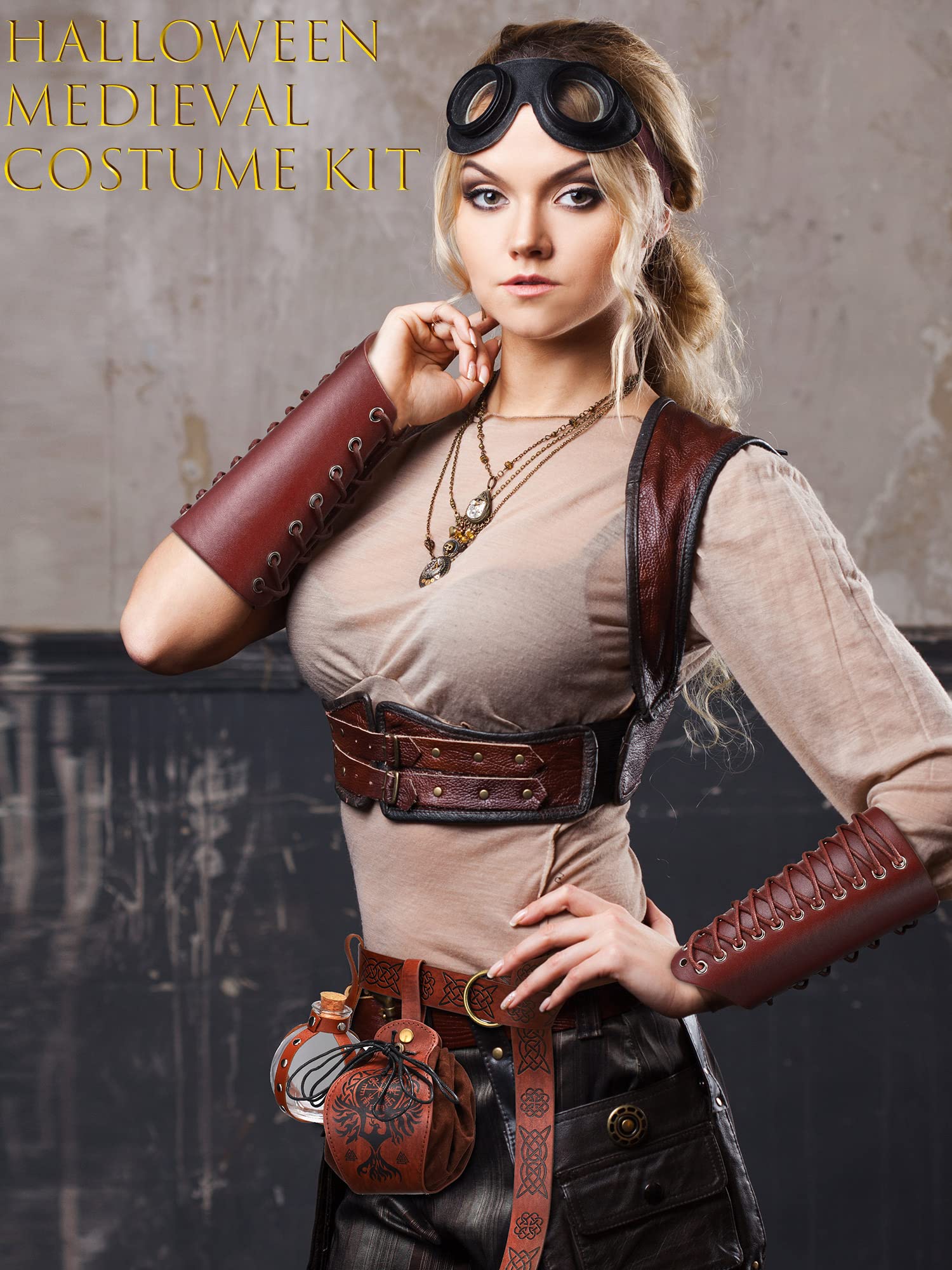 Medieval Faux Leather Set Adults Faux Leather Arm Guards Drawstring Faux Leather Pouch Halloween Dark Magic Cork Potion Bottle Knight Leather Belt Brown