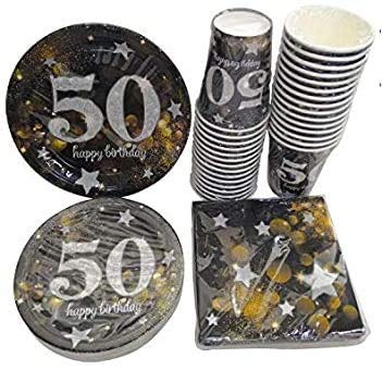 Serves 30 Complete Party Pack Happy 50th Birthday 9" Dinner Paper Plates 7" Dessert Paper Plates 12 oz Cups 3 Ply Napkins 50th Birthday Party Theme