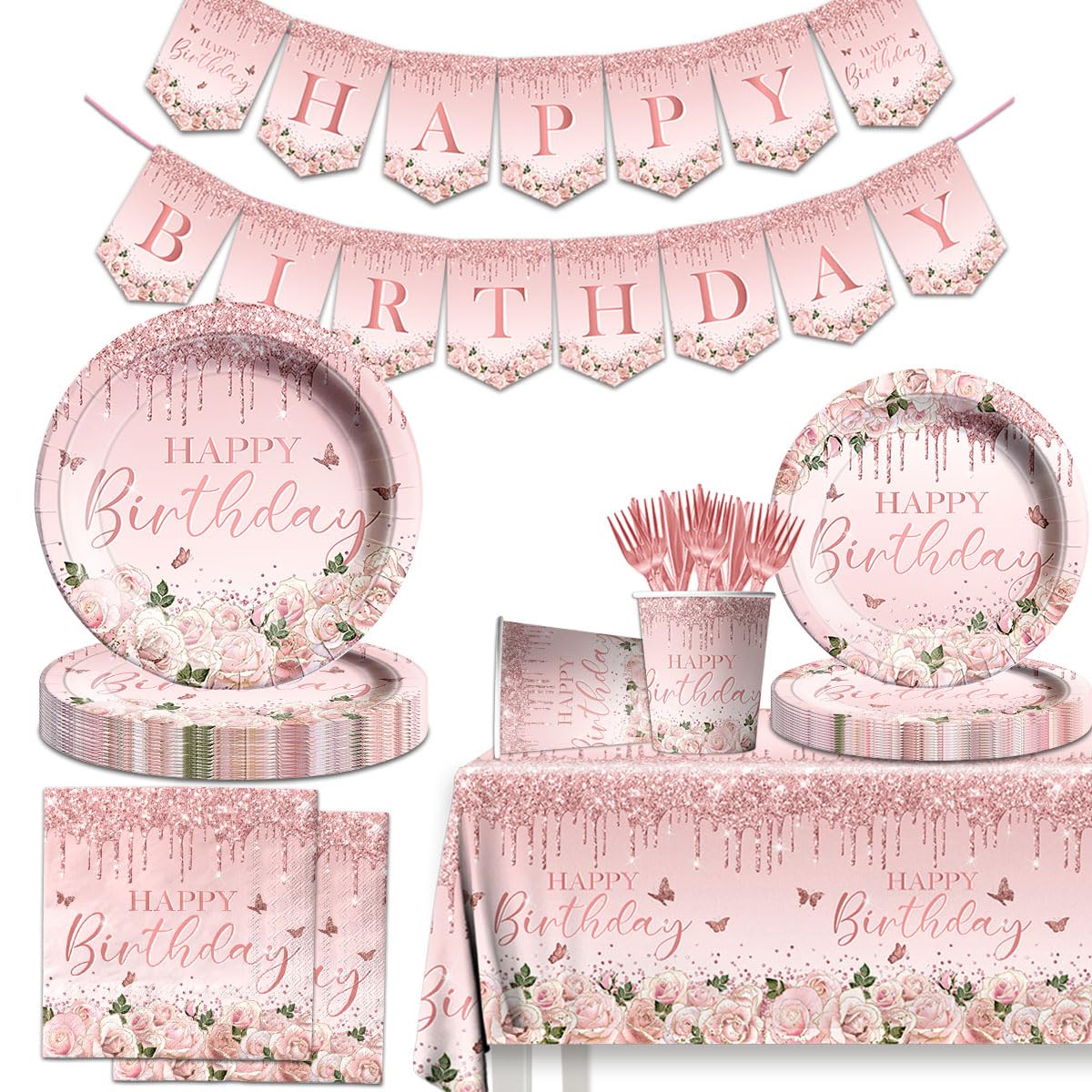 142Pcs Pink Rose Gold Birthday Party Supplies - Pink Birthday Party Tableware Disposable Dinner Plate,Tablecloth Rose Gold Theme Birthday Party Decoration for 50th 60th 70th 80th Women or Girls