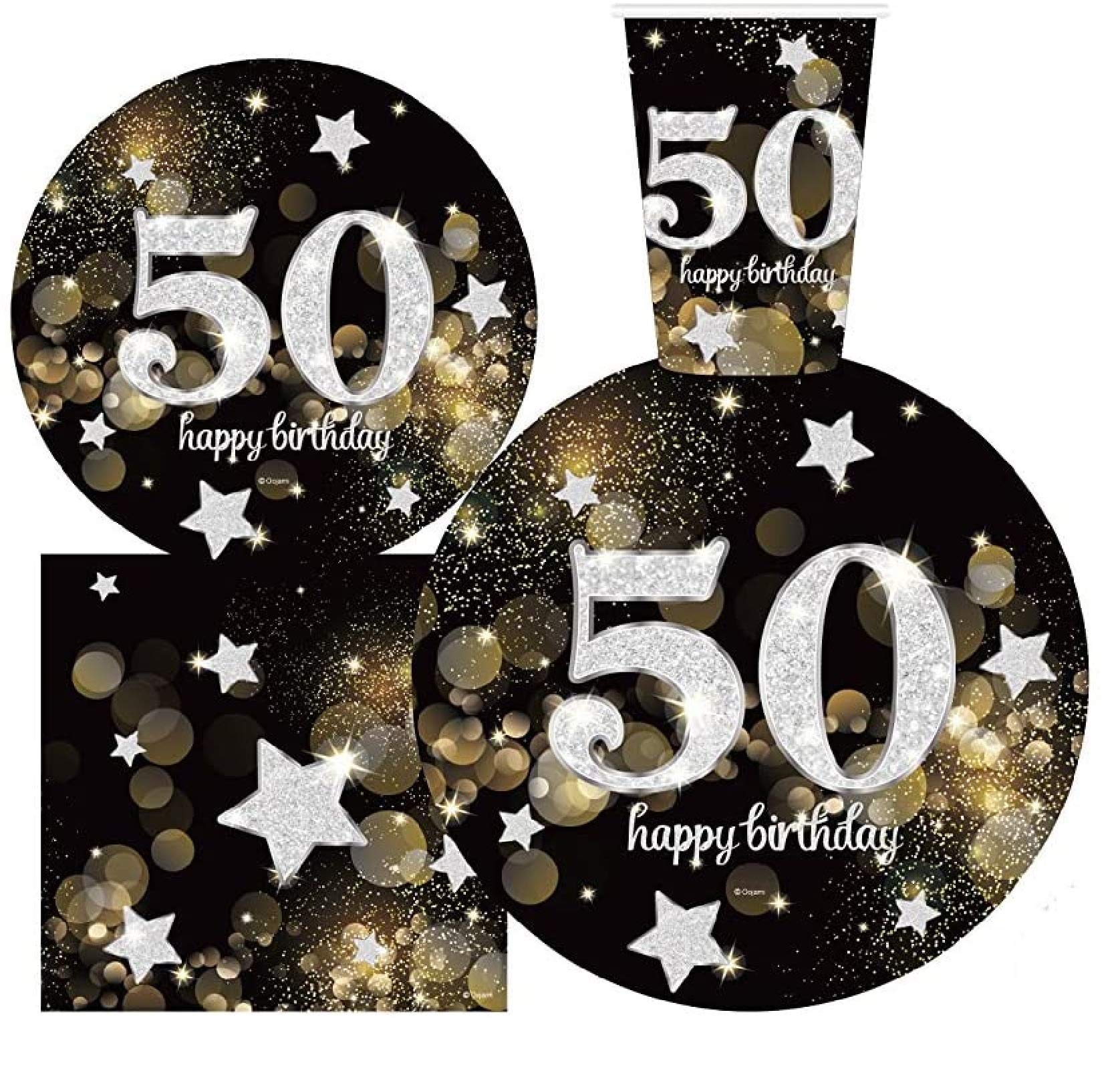 Serves 30 Complete Party Pack Happy 50th Birthday 9" Dinner Paper Plates 7" Dessert Paper Plates 12 oz Cups 3 Ply Napkins 50th Birthday Party Theme