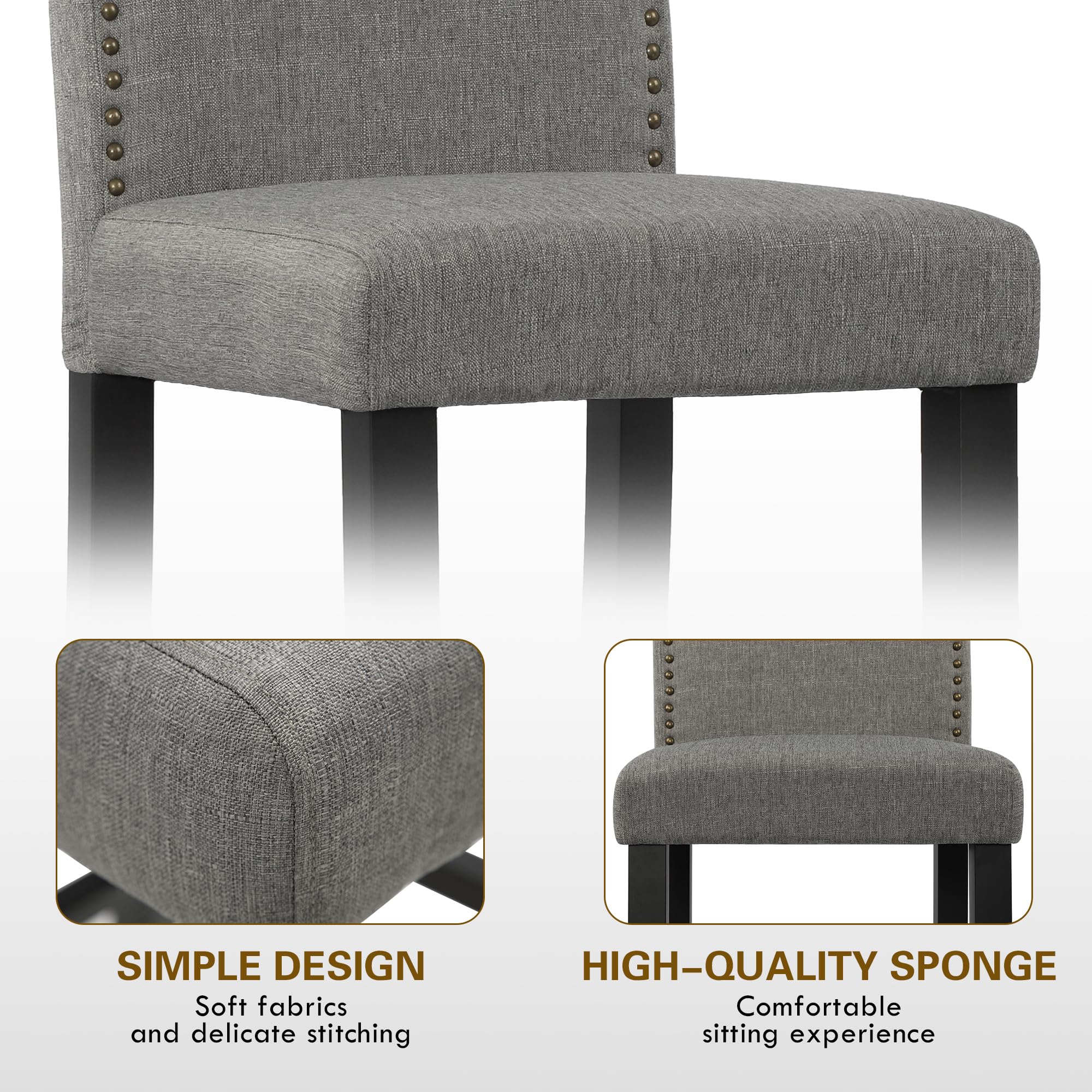 LSSBOUGHT Bar Stools Set of 2, 29 Inch Upholstered Fabric Barstool with Back Solid Wood Legs Nail Head, Bar Chairs for Home Kitchen Island Dinning Room, Grey
