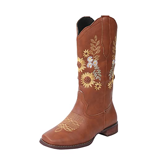 Chunky Heel Cowgirl Boots Vintage Western Boots Cowboy Cowgirl Motorcycle Boots Sunflower Embroidered for Womens Boot Brown