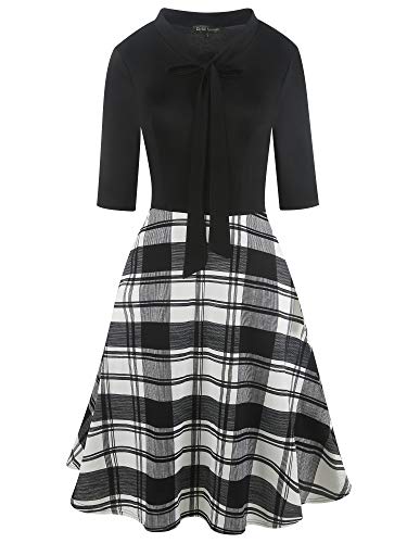 oxiuly Women's Vintage Bow Tie V-Neck Pockets Casual Work Party Cocktail Swing A-line Dresses OX278 (S, BK-Wp P5)