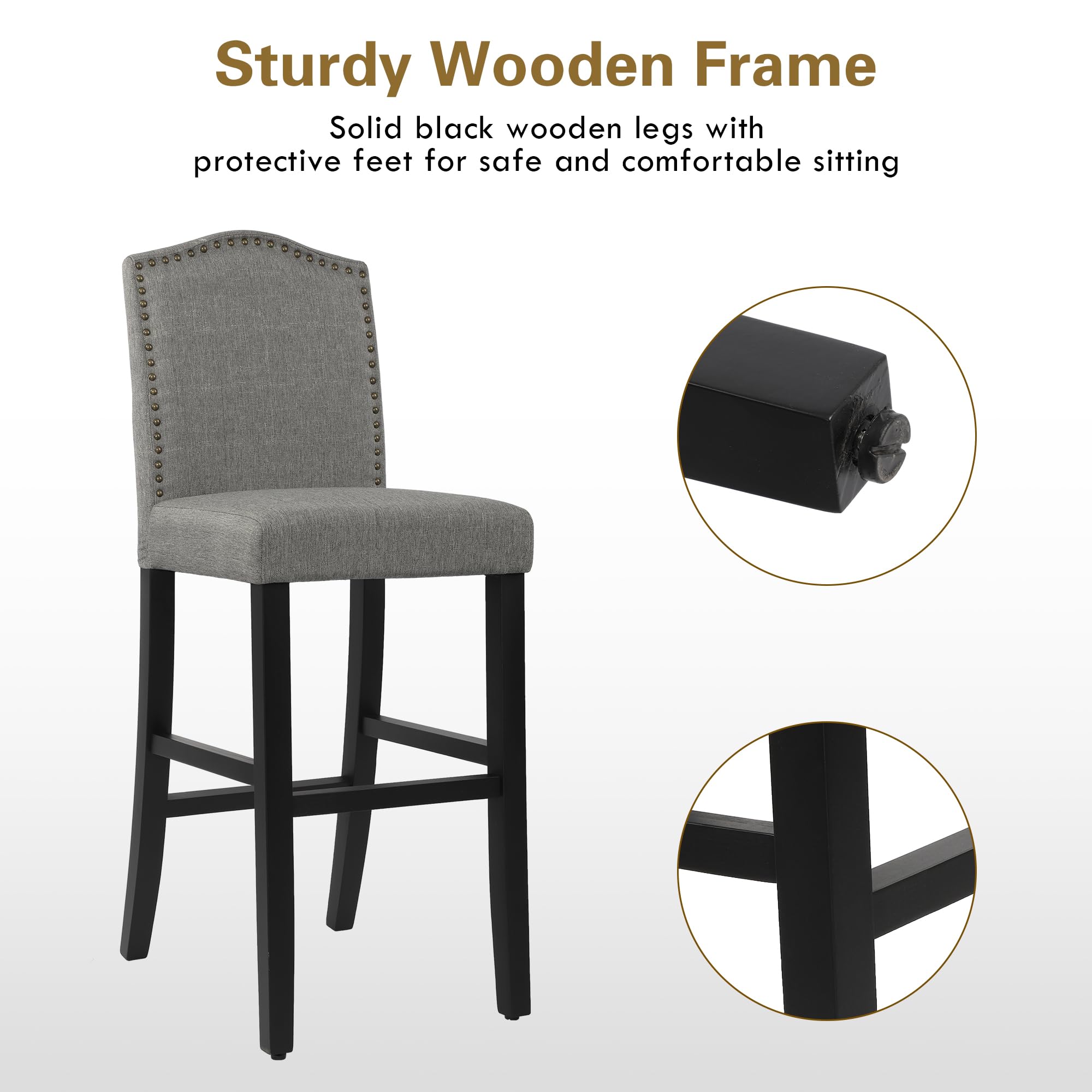 LSSBOUGHT Bar Stools Set of 2, 29 Inch Upholstered Fabric Barstool with Back Solid Wood Legs Nail Head, Bar Chairs for Home Kitchen Island Dinning Room, Grey