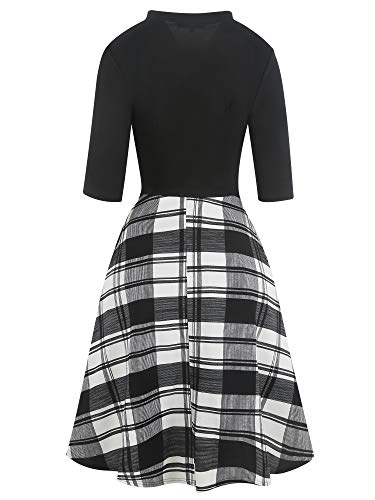oxiuly Women's Vintage Bow Tie V-Neck Pockets Casual Work Party Cocktail Swing A-line Dresses OX278 (S, BK-Wp P5)