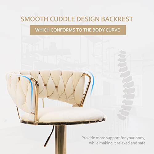 Kiztir Velvet Swivel Bar Stools Set of 2, Adjustable Counter Height Bar Chairs with Woven Back & Footrest, Luxury Gold Bar Stools for Kitchen Island, Cafe, Pub (Cream)