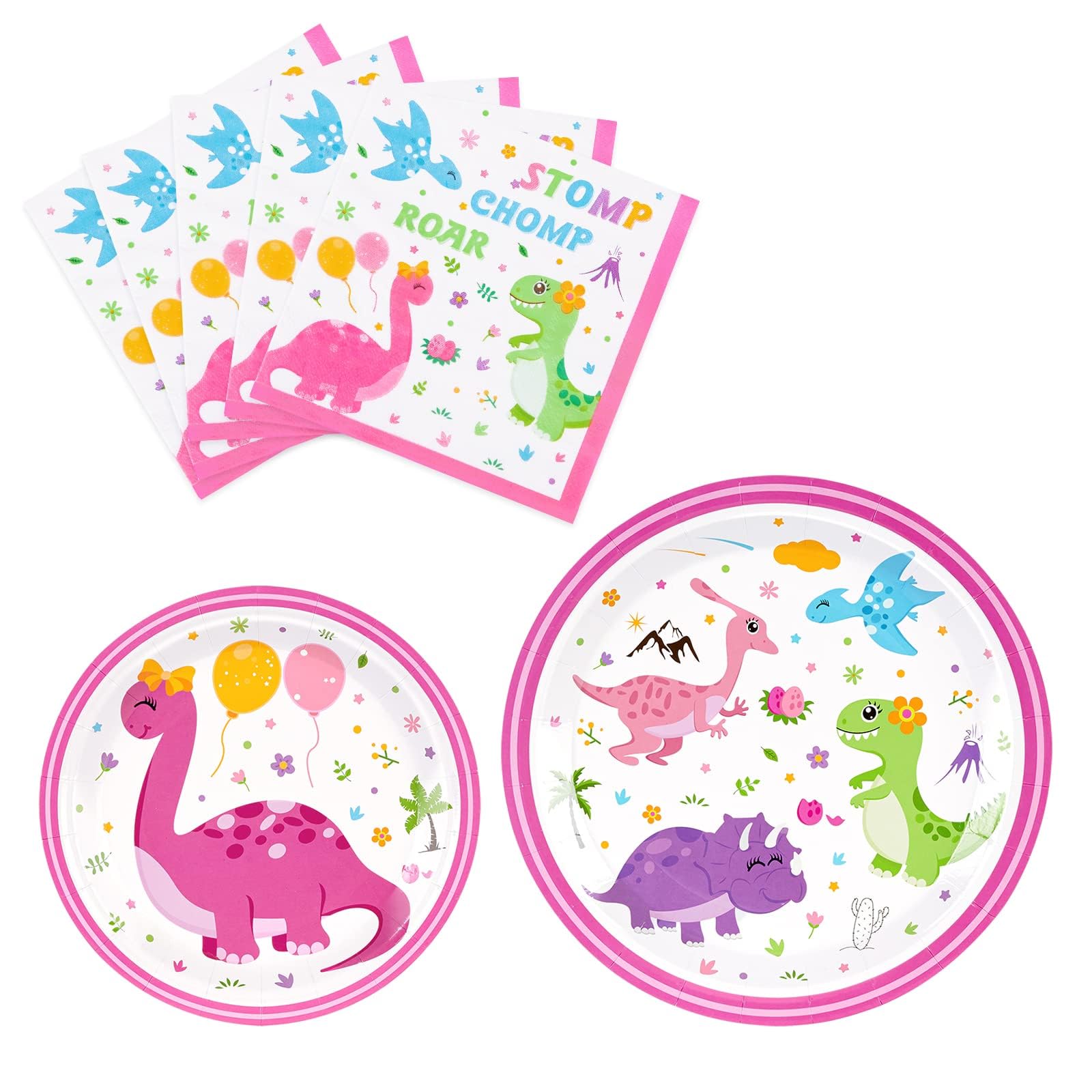 WERNNSAI Disposable Dinosaur Plates and Napkins - 48PCS Dino Party Supplies for Girls Luncheon Dinner Dessert Cake Plates Baby Shower Birthday Party Tableware Kit Serves 16 Guests