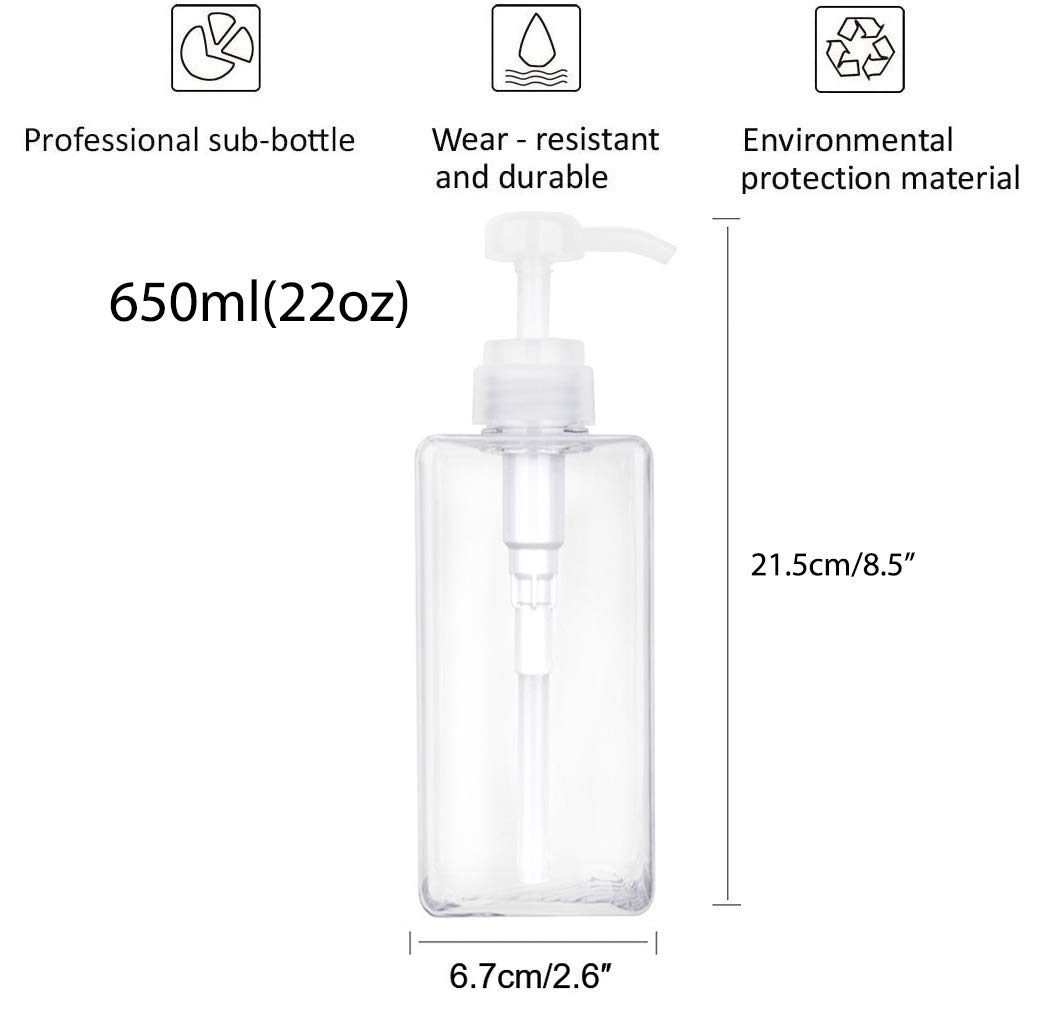 Pump Bottle, Refillable Plastic Empty Lotion Soap Dispenser Liquid Container for Bathroom Shampoo and Body Wash, 22oz/650ml Clear 2 Pack