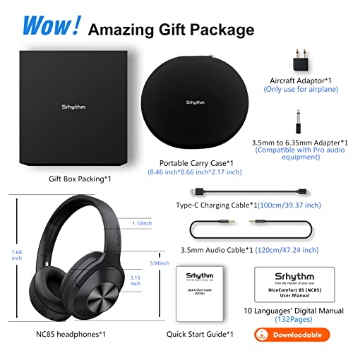 Srhythm NC85 Dynamic Hybrid Noise Canceling Headphones Bluetooth Wireless Over The Ear with HD Sound,Quick Charge,Ultra-Long Playtime,Multi-Modes Switchover