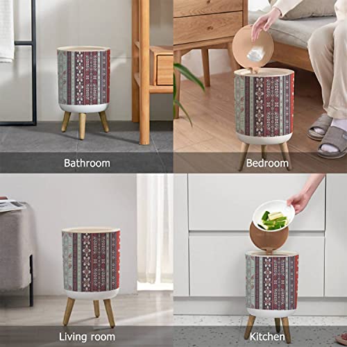 Small Trash Can with Lid Seamless Based on Ornament Paisley Bandana Print Vintage Style Silk Wood Legs Press Cover Garbage Bin Round Waste Bin Wastebasket for Kitchen Bathroom Office 7L/1.8 Gallon