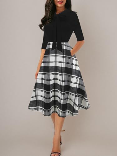 oxiuly Women's Vintage Bow Tie V-Neck Pockets Casual Work Party Cocktail Swing A-line Dresses OX278 (S, BK-Wp P5)