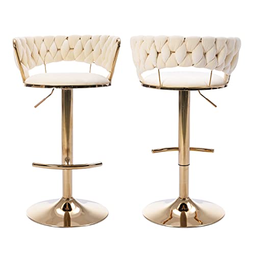 Kiztir Velvet Swivel Bar Stools Set of 2, Adjustable Counter Height Bar Chairs with Woven Back & Footrest, Luxury Gold Bar Stools for Kitchen Island, Cafe, Pub (Cream)