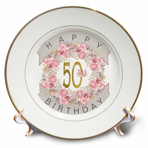 3dRose 8 inch Porcelain Plate - Pretty Pink Floral Wreath Happy 50th Birthday Happy Birthday
