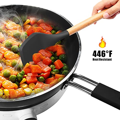 14 Pcs Silicone Cooking Utensils Kitchen Utensil Set - 446°F Heat Resistant,Turner Tongs, Spatula, Spoon, Brush, Whisk, Wooden Handle Gray Kitchen Gadgets with Holder for Nonstick Cookware (BPA Free)