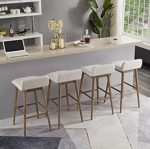 Ball & Cast Upholstered Pub Height Bar Stools 30 inch Kitchen Wooden Stool Chairs Set of 2, Linen
