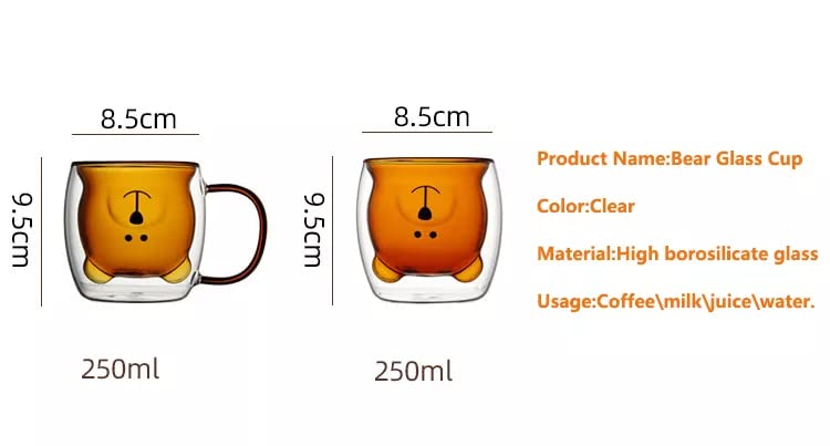Chanlida Cute Brown Double Wall Cute Bear Cups (Pack of 2) Double Wall Cute Bear Cup with Handle Insulated Espresso Christmas Beer Cup Cute Birthday