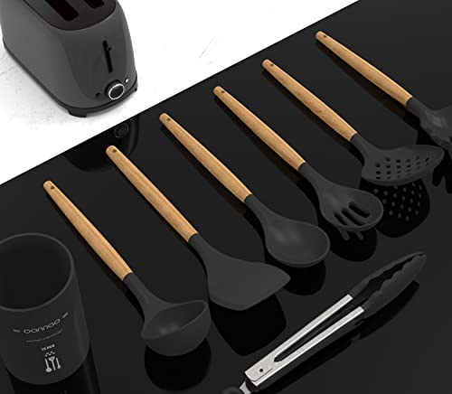 14 Pcs Silicone Cooking Utensils Kitchen Utensil Set - 446°F Heat Resistant,Turner Tongs, Spatula, Spoon, Brush, Whisk, Wooden Handle Gray Kitchen Gadgets with Holder for Nonstick Cookware (BPA Free)