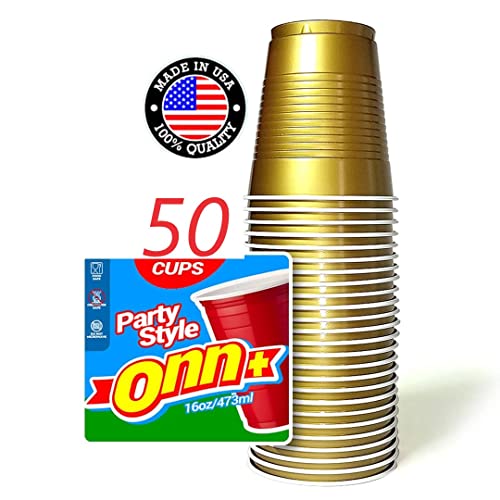 ONN+ Pack of 50 Disposable Plastic Cups, 16 Oz, Strong and Sturdy Disposable Cups for Parties or Celebrations (GOLD)