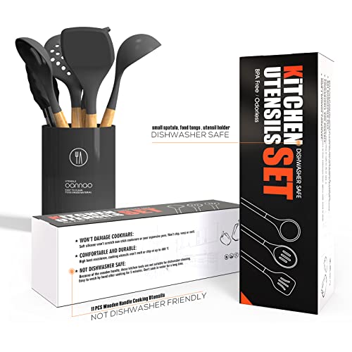 14 Pcs Silicone Cooking Utensils Kitchen Utensil Set - 446°F Heat Resistant,Turner Tongs, Spatula, Spoon, Brush, Whisk, Wooden Handle Gray Kitchen Gadgets with Holder for Nonstick Cookware (BPA Free)