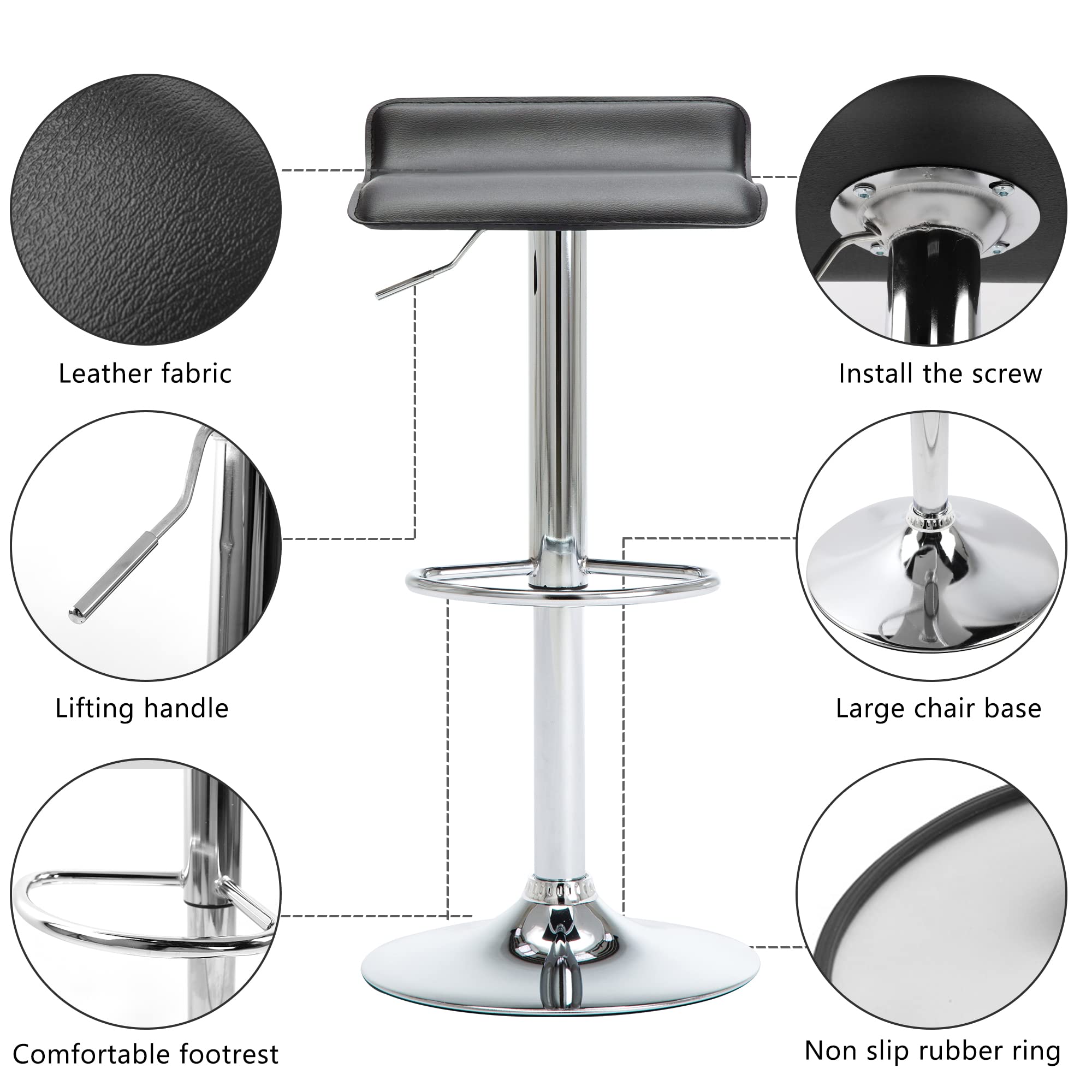 NOBPEINT Contemporary Chrome Air Lift Adjustable Swivel Bar Stool, Set of 2, Black