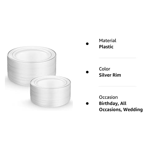 Munfix 60 Piece Plastic Party Plates White Silver Rim, 30 Premium Heavy Duty 10.25 Inch Dinner Plates and 30 Disposable 7.5 Inch Dessert Appetizer Elegant Fancy Heavy Duty Wedding Plates