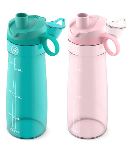 Pogo 32oz Plastic Resuable Water Bottle 2-Pack with Chug Lid and Carry Handle, BPA Free, Sport and Travel Friendly, Dishwasher Safe, Aquaviva/Pink Satin