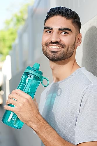 Pogo 32oz Plastic Resuable Water Bottle 2-Pack with Chug Lid and Carry Handle, BPA Free, Sport and Travel Friendly, Dishwasher Safe, Aquaviva/Pink Satin