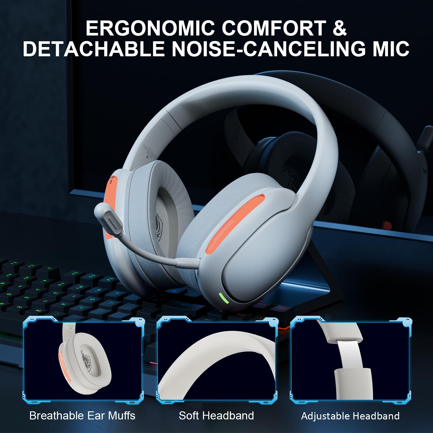 YOTMS Wireless Gaming Headset, 2.4GHz Wireless Headset for PC, PS4/PS5, Switch, Long Battery Up to 30h, 7.1 Surround Sound, Detachable Microphone, 3.5mm Wired Jack for Xbox (Beige)