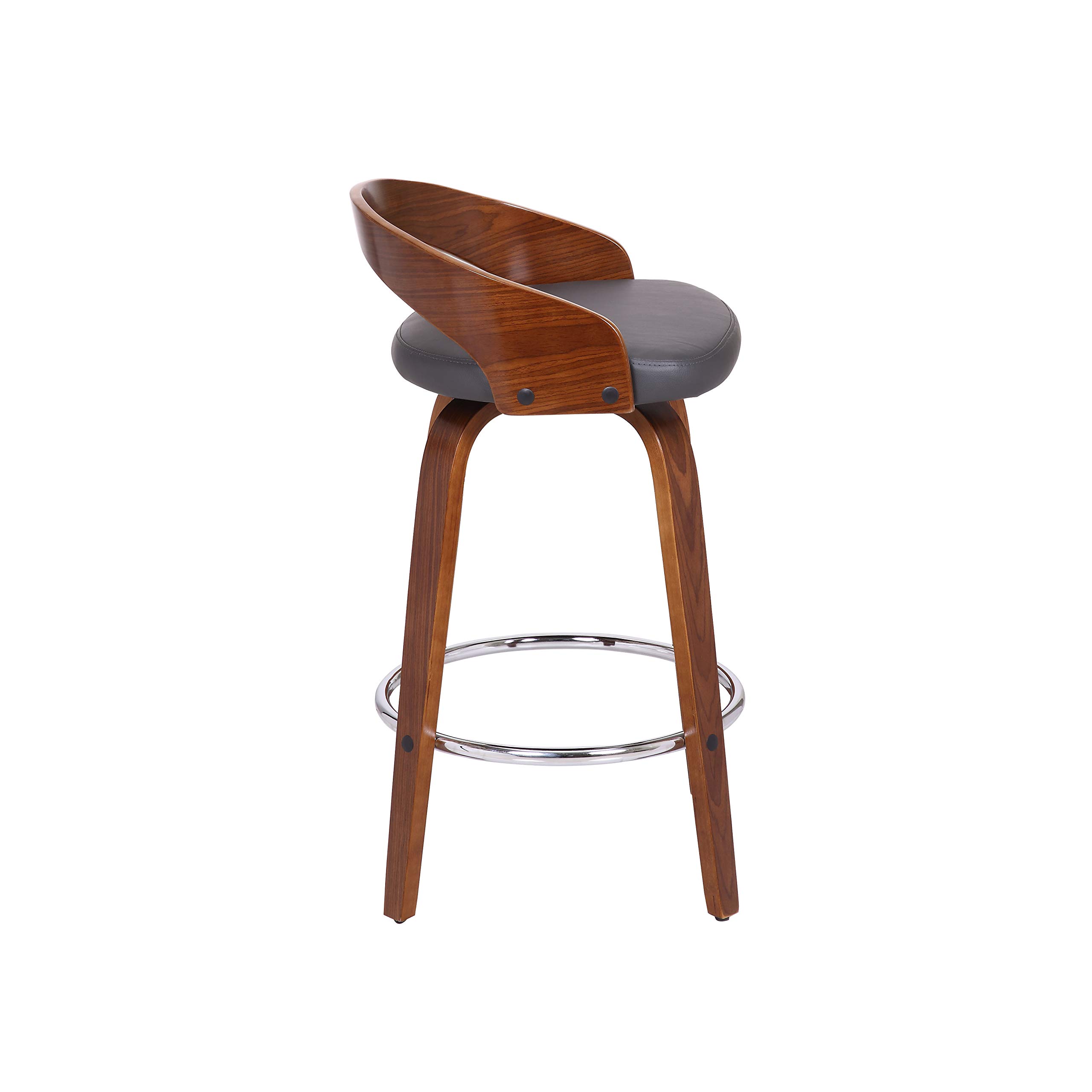 Armen Living Sonia Mid Century Modern Swivel Bar Stool for Kitchen Island Counter in Gray Faux Leather and Walnut Wood, 26" Seat Height