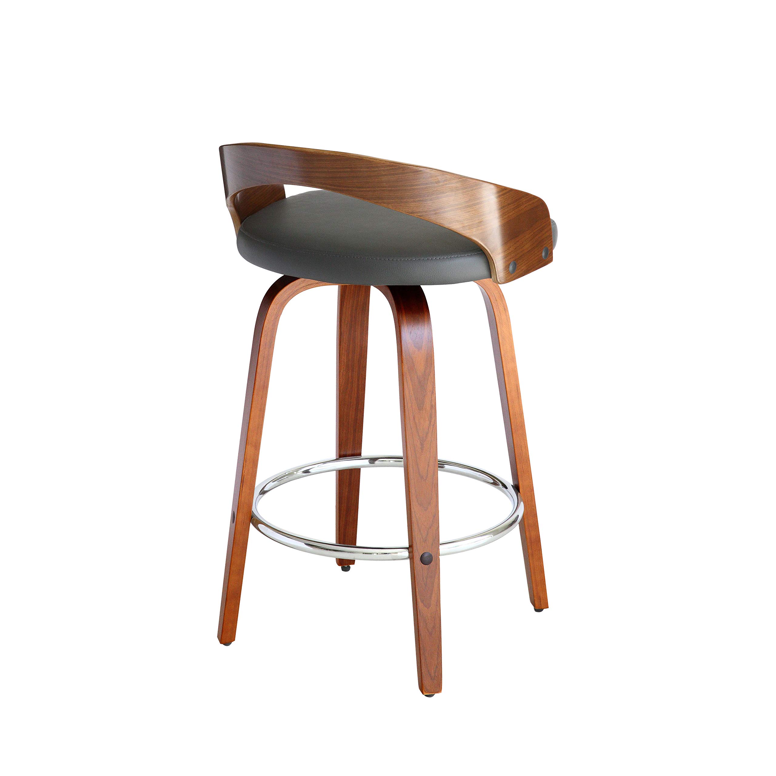 Armen Living Sonia Mid Century Modern Swivel Bar Stool for Kitchen Island Counter in Gray Faux Leather and Walnut Wood, 26" Seat Height