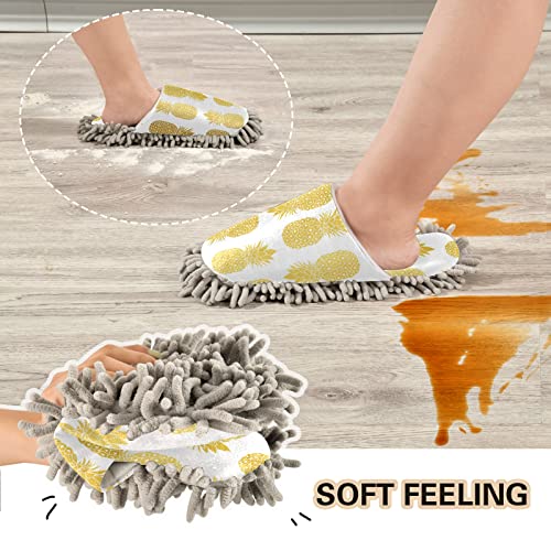 Kigai Microfiber Cleaning Slippers Gold White Pineapples Washable Mop Shoes Slipper for Men/Women House Floor Dust Cleaner, Size M