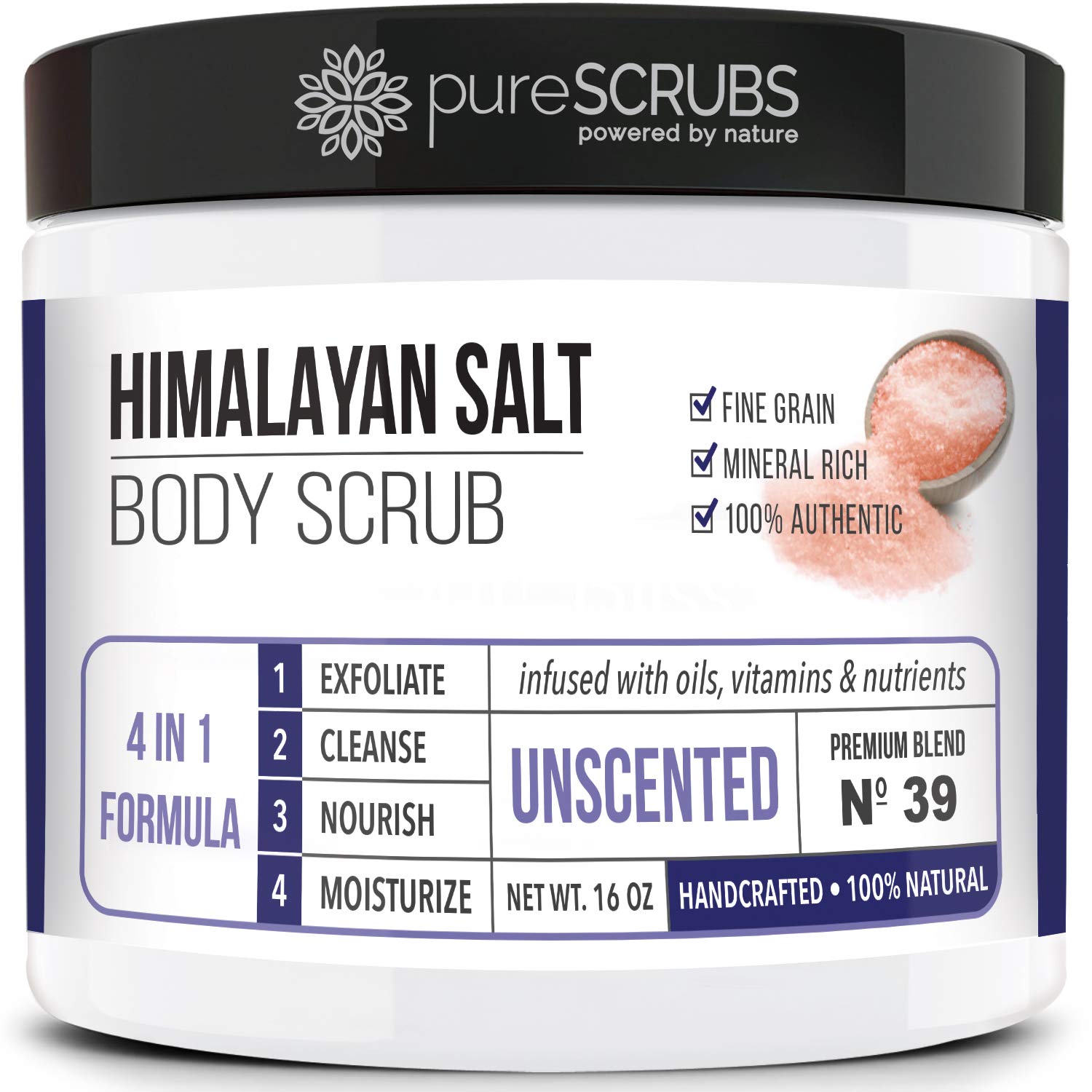 pureSCRUBS Premium Pink Himalayan Salt Body Scrub Set - Large 16oz UNSCENTED SCRUB, Organic Essential Oils & Nutrients INCLUDES Wooden Stirring Spoon, Loofah & Mini Exfoliating Bar Soap