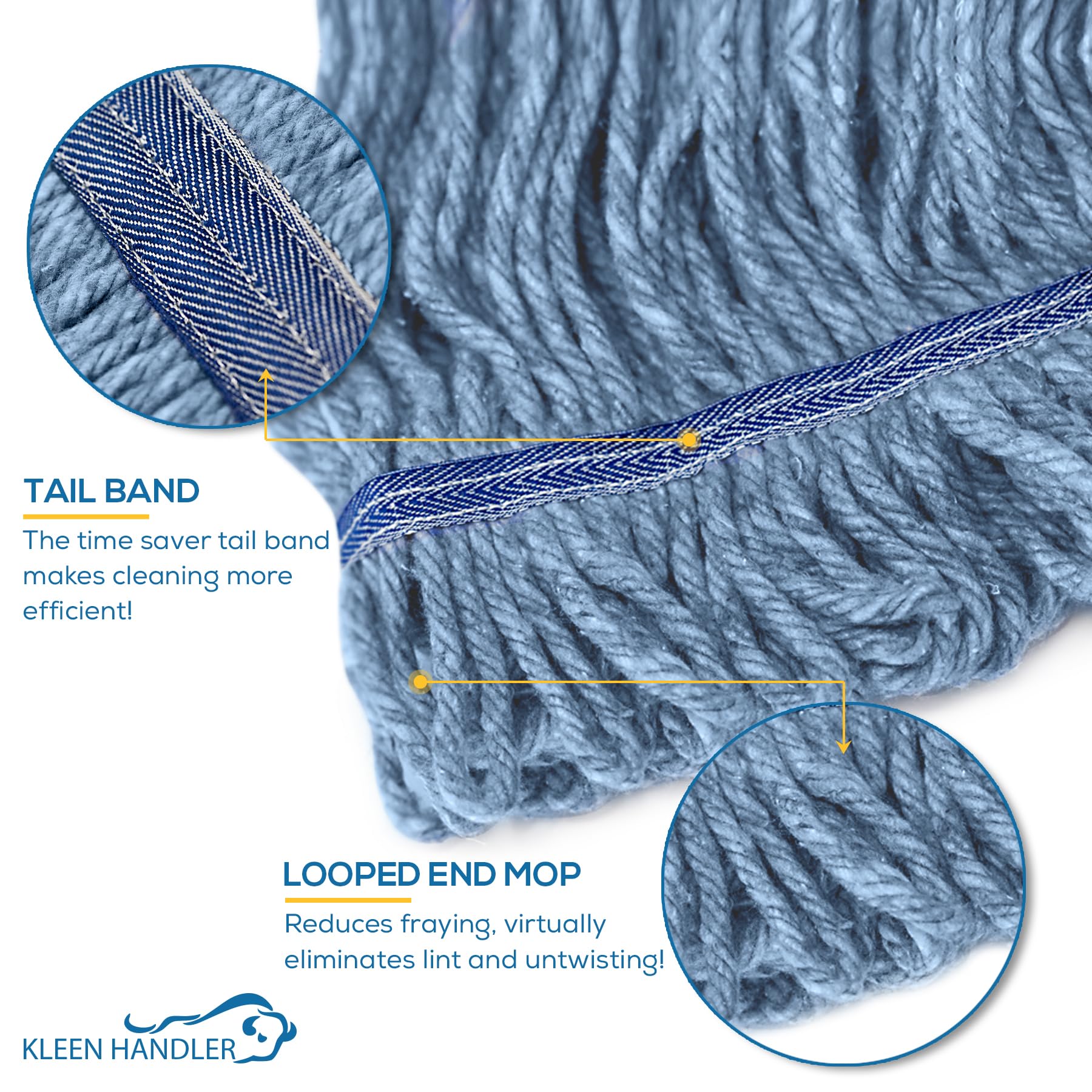 KLEEN HANDLER General Cleaning Mop Heavy Duty Commercial Replacement, Wet Industrial Blue Cotton Looped End String Head Refill (Pack of 3)