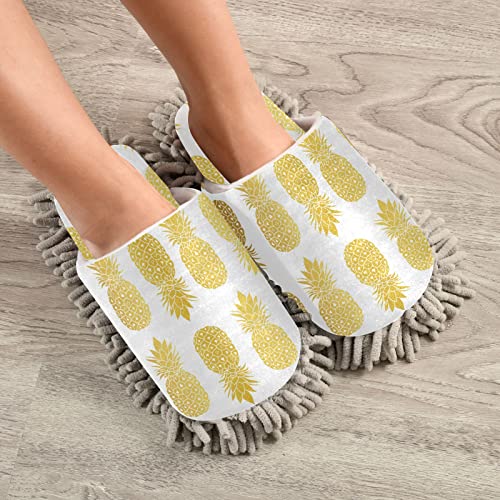 Kigai Microfiber Cleaning Slippers Gold White Pineapples Washable Mop Shoes Slipper for Men/Women House Floor Dust Cleaner, Size M