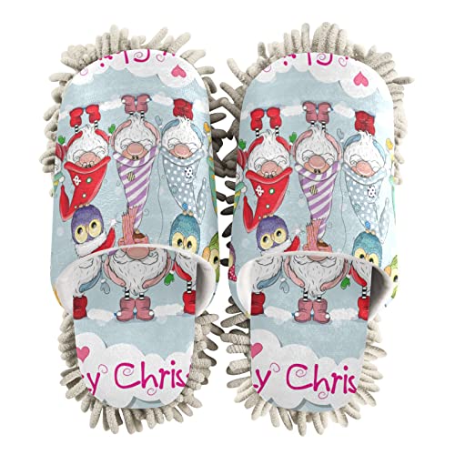 Kigai Microfiber Cleaning Slippers Christmas Gnome and Owls Washable Mop Shoes Slipper for Men/Women House Floor Dust Cleaner, Size L