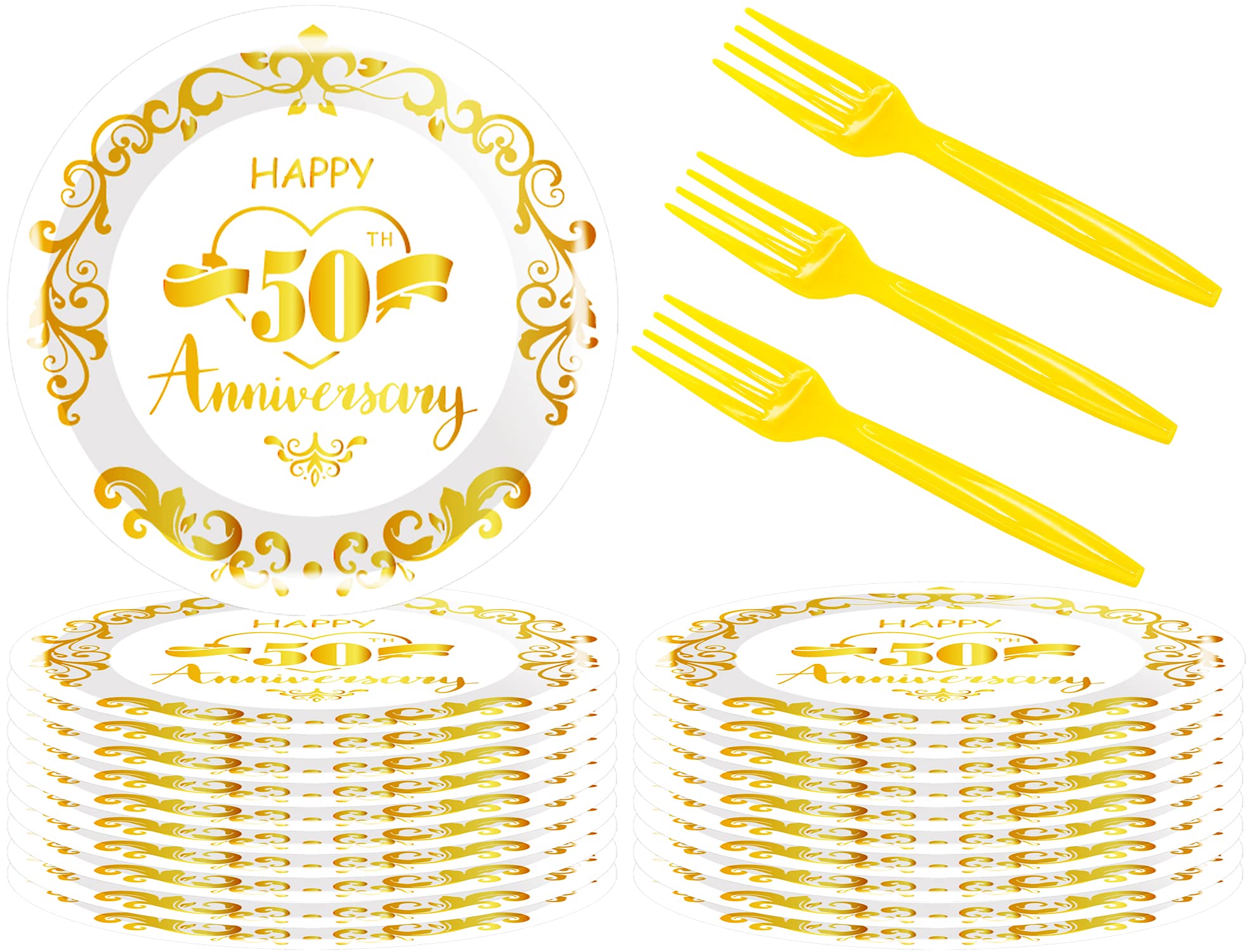 75 Pcs 50th Anniversary Wedding Party Supplies,50th Anniversary Wedding Party Tableware Set 7" 50 Years Golden Paper Plates Fork Fifty Anniversary Party Decorations 50th Brithday Party Decorations