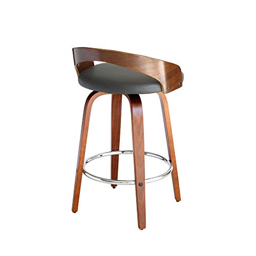 Armen Living Sonia Mid Century Modern Swivel Bar Stool for Kitchen Island Counter in Gray Faux Leather and Walnut Wood, 26" Seat Height