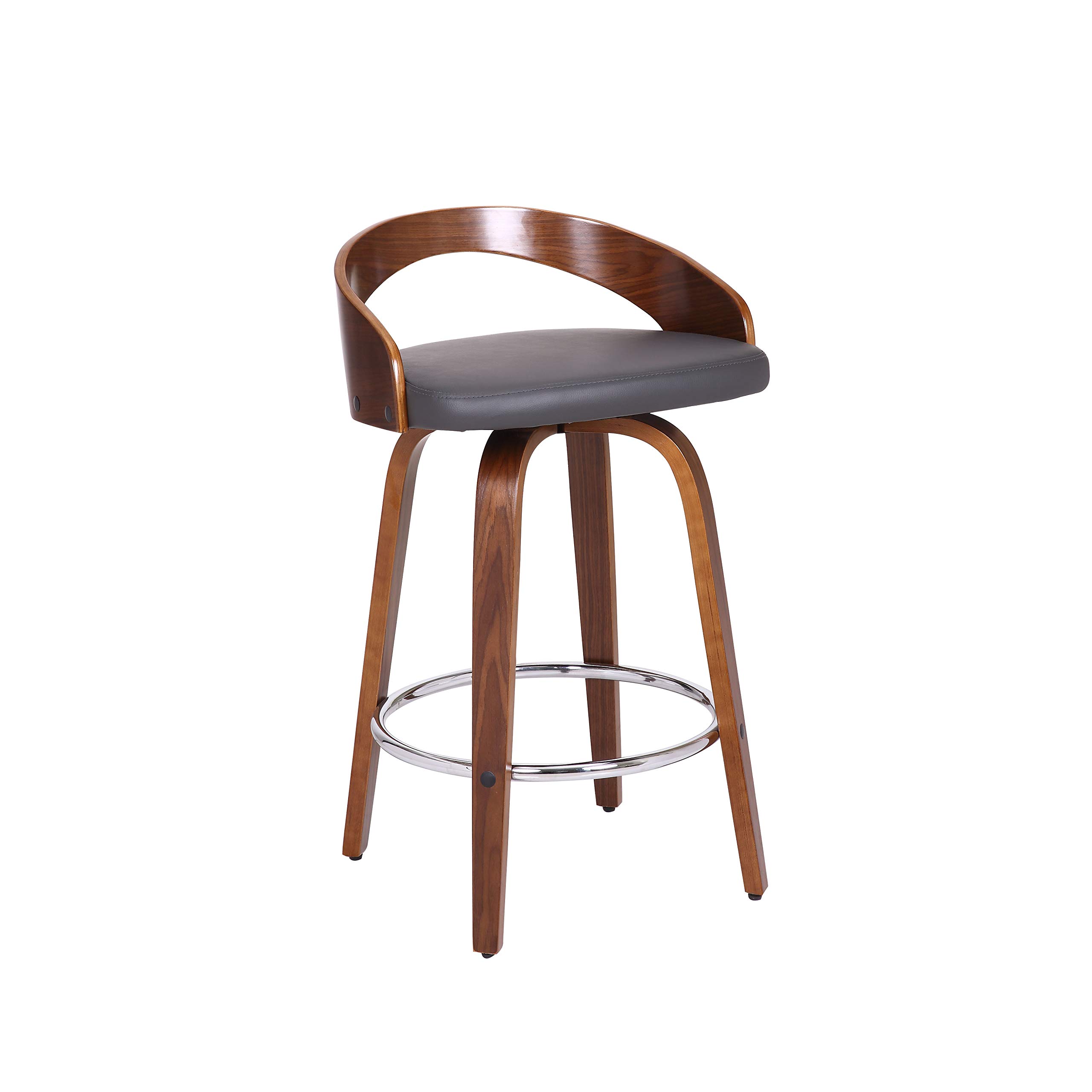 Armen Living Sonia Mid Century Modern Swivel Bar Stool for Kitchen Island Counter in Gray Faux Leather and Walnut Wood, 26" Seat Height
