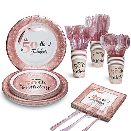 HOMIX 50 and Fabulous Party Plates Napkins Cups Sets with Plastic Cutlery Sets Serves 24 for Women 50th Birthday Party Supplies and Decorations