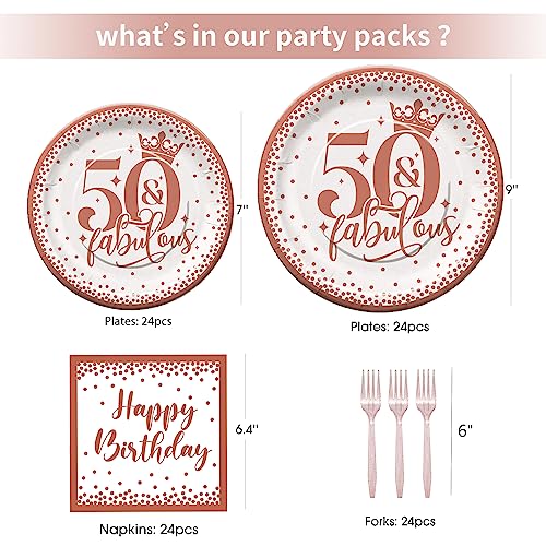 GREPARPY 50th Birthday Decorations Women Tableware - Rose Gold 50 And Fabulous Birthday Decorations Dinnerware, Fifty Birthday Plate, Napkin, Fork, Her 50-Year-Old Birthday Party Supplies | Serve 24