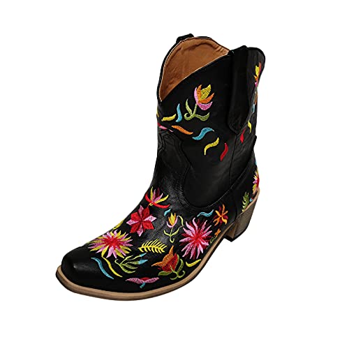 Embroidered Calf Retro Style Pointed Boots Western Toe Mid Cowboy Floral Womens Women's Boots Mens Shoes Boots