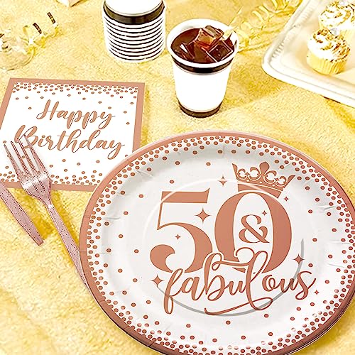 GREPARPY 50th Birthday Decorations Women Tableware - Rose Gold 50 And Fabulous Birthday Decorations Dinnerware, Fifty Birthday Plate, Napkin, Fork, Her 50-Year-Old Birthday Party Supplies | Serve 24