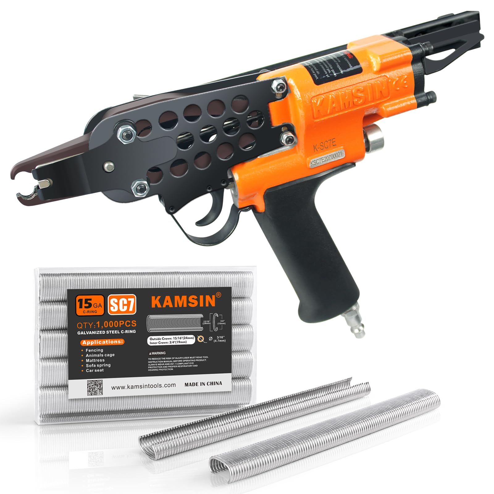Kamsin K-SC7E 15 Gauge Pneumatic Hog Ring Gun 3/4-Inch Crown Long Nose Air Power C Ring Gun, 7-8mm Closure Diameter Hog Ring Stapler, C Ring Stapler Fencing Tool for Spring Mattress, Cages, Car Seat