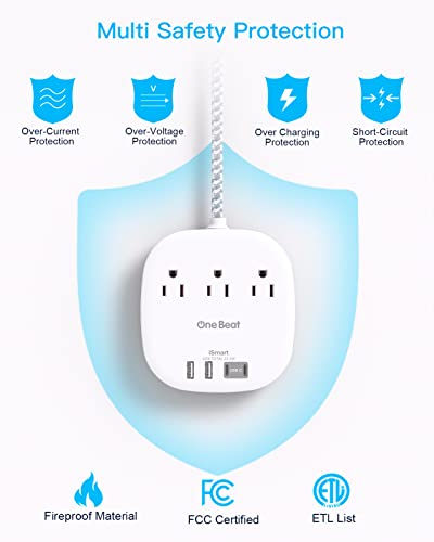 Flat Plug Power Strip, 5ft Ultra Flat Extension Cord - 3 Outlets 4 USB Ports (2 USB C) Desktop Charging Station, Power Strip with No Surge Protection for Cruise Ship, Travel, Dorm Room Essentials